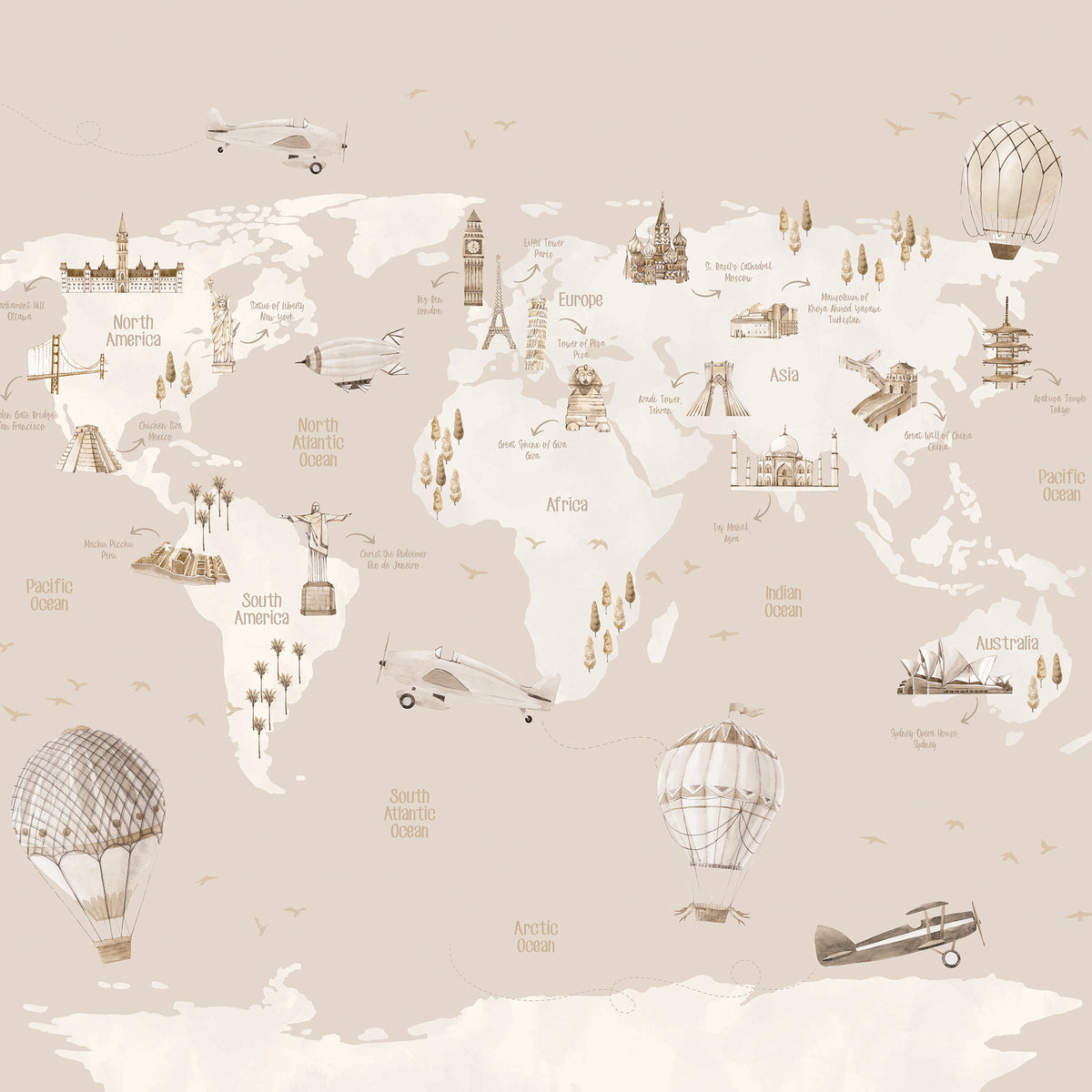 Landmarks World Map Cream Wall Mural – SirFace Graphics